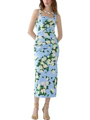 Carolina Herrera Printed Thick Strap Draped Midi Dress - Cloudy Blue Multi