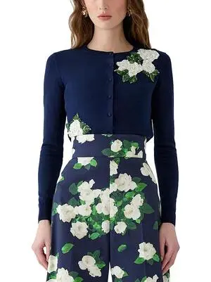 Carolina Herrera Embellished Long Sleeve Round Neck Cardigan - Midnight