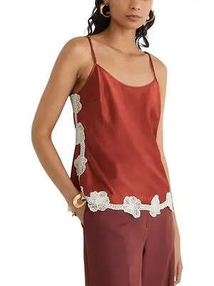 REISS Floral Lace Trim Satin Cami - Rust Orange