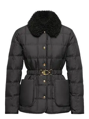 Moncler Cygnes Quilted Down Jacket With Textured Collar And Belted Waist - Black