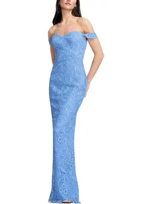 Dress The Population Off-the-shoulder Sheath Gown With Lace Detail - Sky