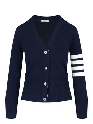 Thom Browne 100% Cashmere V-neck Cardigan With Signature Striped Sleeves - Blue