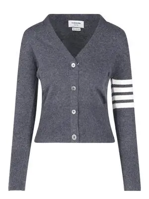 Thom Browne 100% Cashmere Crewneck Cardigan With Signature Stripes - Grey