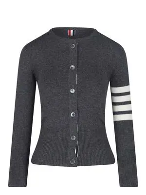 Thom Browne 100% Cashmere Crewneck Cardigan With Signature Stripes - Grey