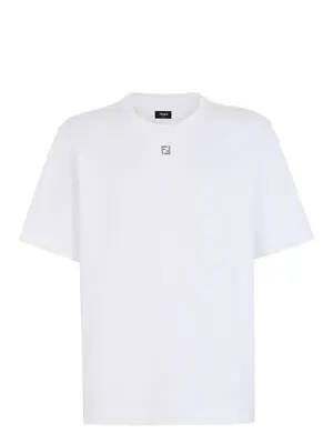 Fendi Regular-fit Cotton T-shirt With Crew Neck And Short Sleeves And Mini Ff Metal Applique - Bianco