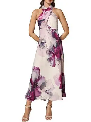 Donna Karan New York Floral Print Halter Neck Midi Dress - Sangria Multi