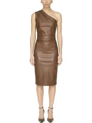 Ronny Kobo Pelle One Shoulder Faux Leather Dress - Saddle