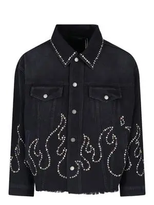 Amiri Distressed Denim Jacket With Embellished Flame Detail - Black