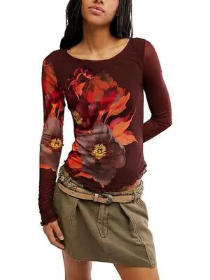 Free People Lilly Printed Long Sleeve Top - Cocoa Combo