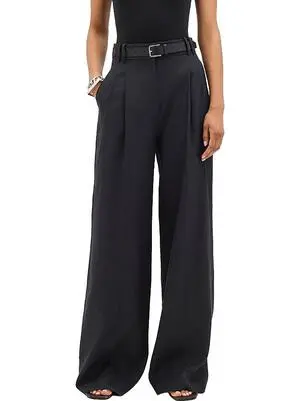 Another Tomorrow Linen Pleated Wide Leg Trousers - Black