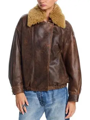 R13 Shearling Trimmed Leather Bomber Jacket - Brown