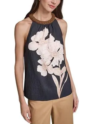 Karl Lagerfeld Paris Embellished Neck Floral Print Sleeveless Top - Midnight/ Navy