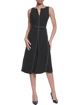 Karl Lagerfeld Paris Sleeveless Contrast Stitch Belted Midi Dress - Black
