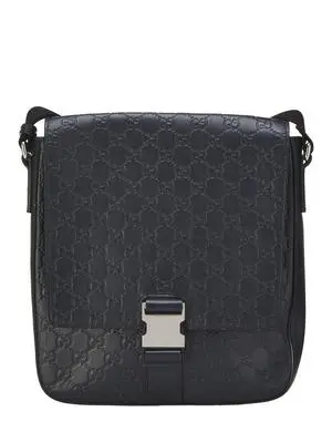Gucci Guccissima Leather Messenger Bag With Buckle Flap - Navy