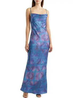 Lulus Bronte Geometric Print Cowl Neck Maxi Dress - Blue Multi
