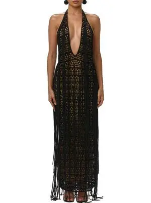 Naked Wardrobe Crochet Fringe Plunge Neck Maxi Dress - Black
