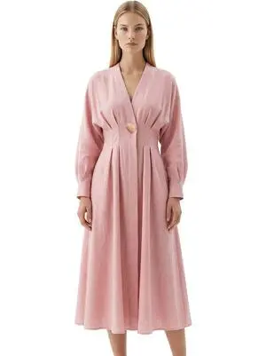 EXQUISE Garlyn Slim V-neck Long Sleeve Linen Midi Dress - Pink