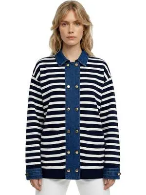 EXQUISE Gaetan Long Sleeve Striped Knit Cardigan - Navy