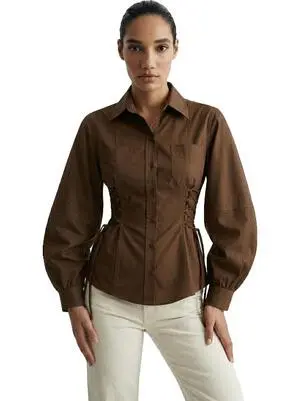 EXQUISE Fitted Waist Balloon Sleeve Shirt - Brown