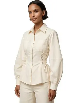 EXQUISE Fitted Waist Balloon Sleeve Shirt - Cream