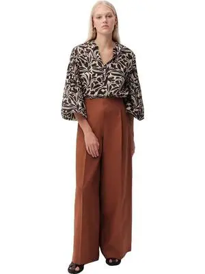 EXQUISE High-waisted Wide Leg Linen Trousers - Brown