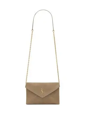Saint Laurent Cassandre Small Chain Pouch In Suede - Light Cumin