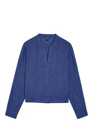 Eileen Fisher Striped Organic Cotton Blouse With Mandarin Collar - Navy