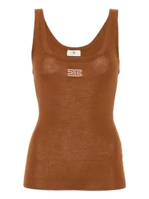 Elisabetta Franchi Ribbed Knit Tank Top With Embroidered Logo - Brown