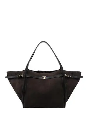 TOD'S Medium Suede T Signature Shopping Bag - Brown