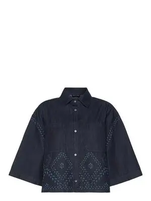 Max Mara Alare Cropped Denim Shirt With Laser-cut Detailing - Navy