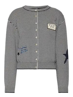 Max Mara Striped Crew Neck Cardigan With Appliqué And Embroidery - Navy