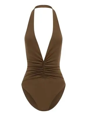 Alex Perry Halter Neck Ruched Powermesh Bodysuit - Bronze