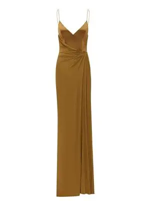 Alex Perry Draped Column Maxi Dress In Duchess Satin And Jersey - Bronze