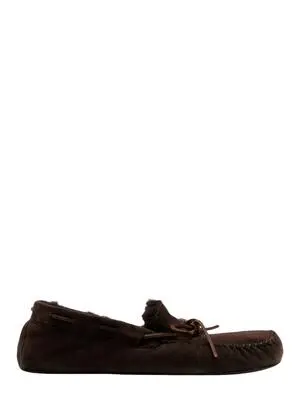THE ROW Lucca Suede Boat Shoe With Shearling Trim - Brown