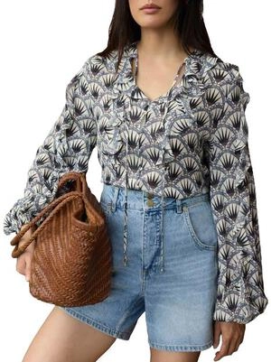 Mint Velvet Art Deco Ruffle Tie-neck Blouse - Blue