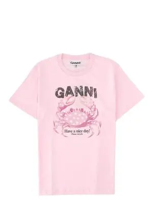 GANNI Organic Cotton Printed T-shirt - Pink