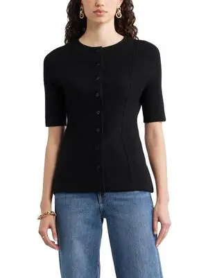 Nordstrom Crewneck Elbow Sleeve Button-up Cardigan - Black