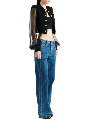 Balmain Cropped Tweed And Muslin Jacket With Decorative Buttons - Black