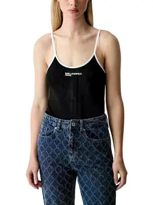 Karl Lagerfeld Ribbed Knit Logo Print Bodysuit - Black