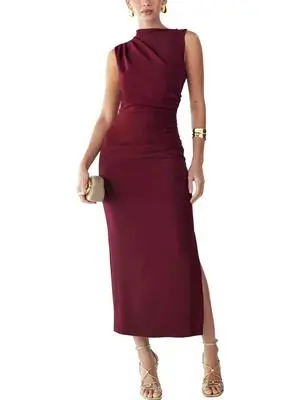 BWLDR BWLDR Rory Sleeveless Midi Dress With Ruched Detailing And Side Slit Red