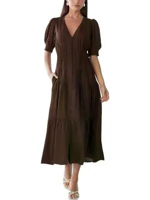 WILLA V-neck Puff Sleeve Midi Dress - Brown