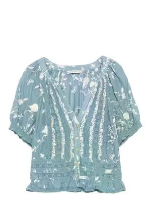 Alice + Olivia Embroidered Lace-trimmed Cotton Blouse - Blue