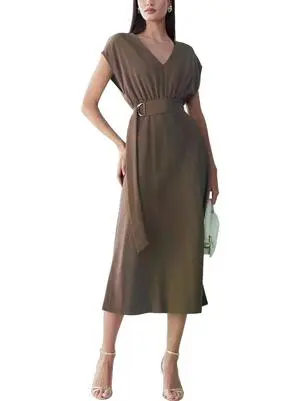 ST MRLO V-neck Belted Midi Dress - Brown