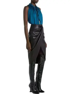 Balmain Draped Lambskin Midi Skirt - Black