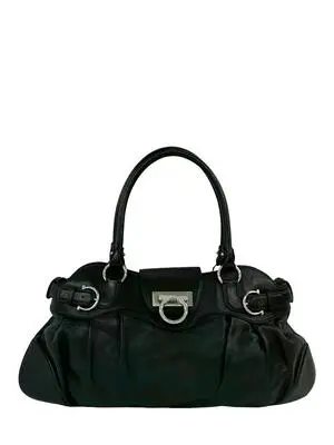 FERRAGAMO Leather Gancini Marisa Handbag - Black