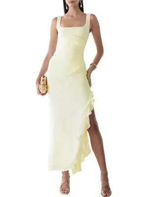 BWLDR Gathered Asymmetric Ruffled Dress - Neutrals