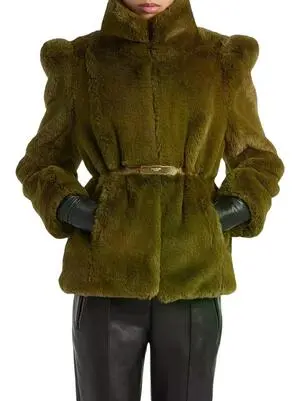 Balmain Faux Fur Coat With Structured Shoulders - Green