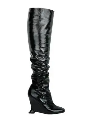 Balmain Thigh-high Wedge Boots In Crinkled Patent Leather - Black