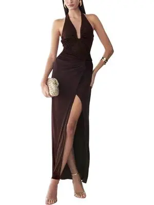 BWLDR Dakota Ruched Halterneck Maxi Dress - Brown