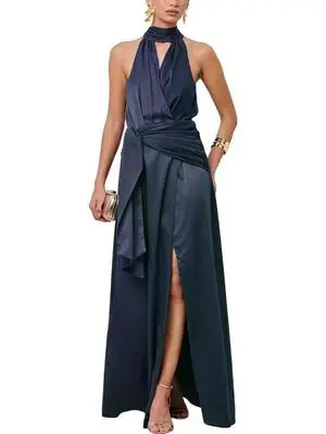SAVEL Halterneck Tie-waist Maxi Dress - Blue
